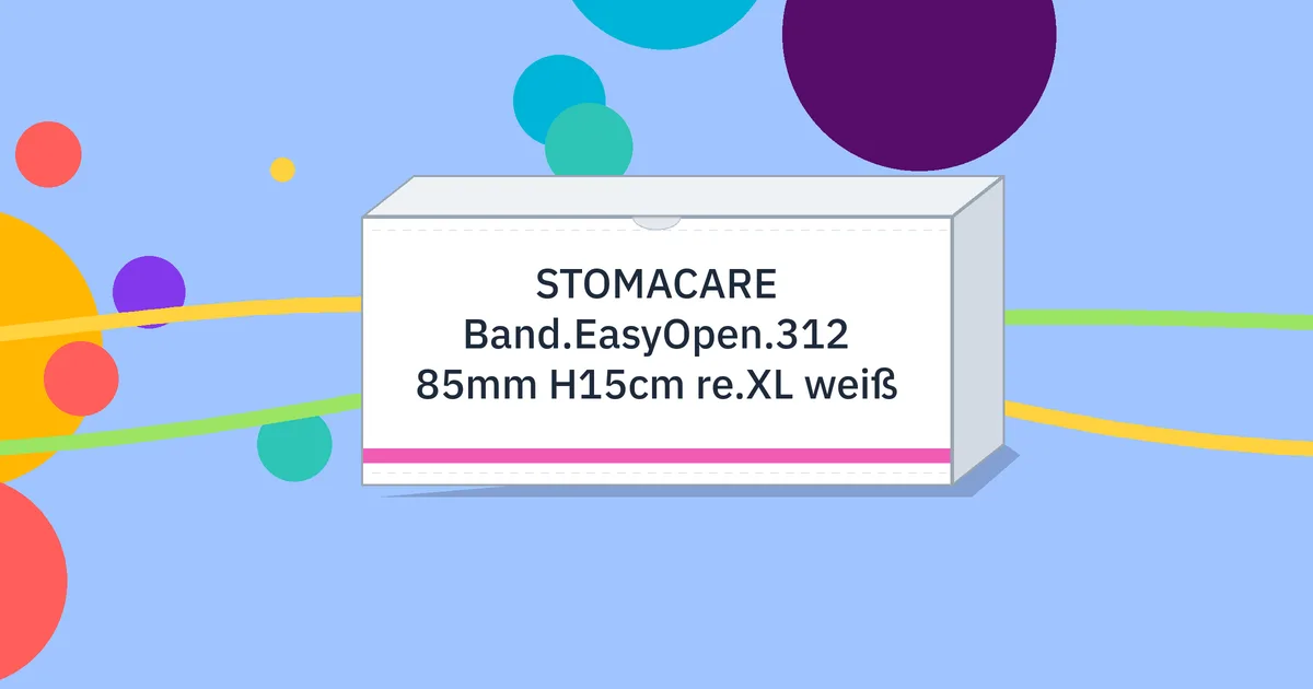 Symbolbild: Packung mit der Aufschrift STOMACARE Band.EasyOpen.312 85mm H15cm re.XL weiß (PZN 09437796) – Verfügbarkeit und Bezug in Apotheken in Frankfurt am Main