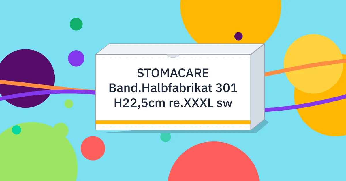 Symbolbild: Packung mit der Aufschrift STOMACARE Band.Halbfabrikat 301 H22,5cm re.XXXL sw (PZN 09436733) – Verfügbarkeit und Bezug in Apotheken in Frankfurt am Main