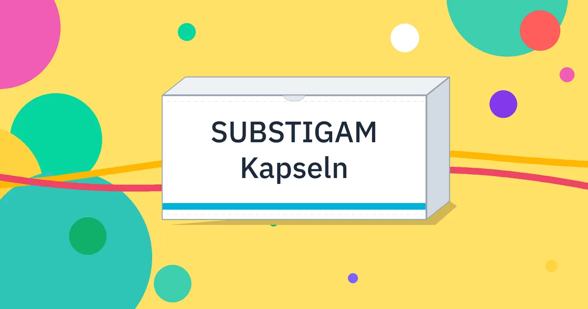 Symbolbild: Packung mit der Aufschrift SUBSTIGAM Kapseln (PZN 07590565) – Verfügbarkeit und Bezug in Apotheken in Frankfurt am Main