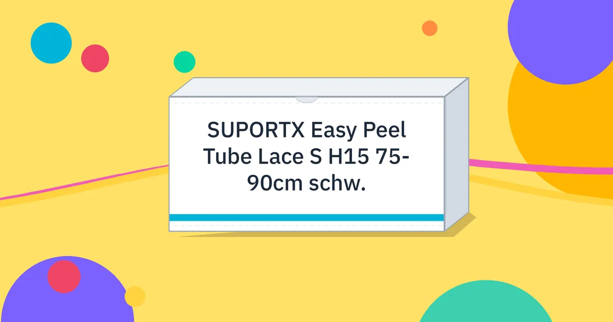 Symbolbild: Packung mit der Aufschrift SUPORTX Easy Peel Tube Lace S H15 75-90cm schw. (PZN 09486949) – Verfügbarkeit und Bezug in Apotheken in Frankfurt am Main