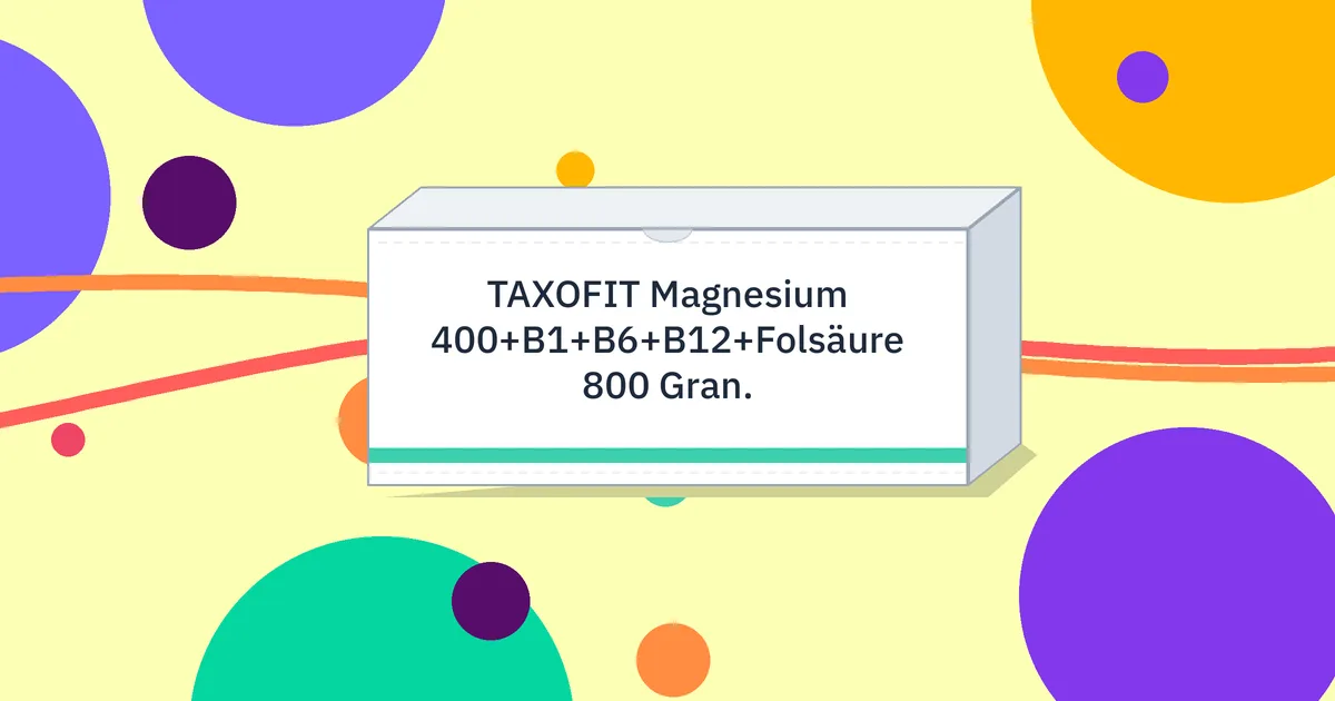 Symbolbild: Packung mit der Aufschrift TAXOFIT Magnesium 400+B1+B6+B12+Folsäure 800 Gran. (PZN 02597700) – Verfügbarkeit und Bezug in Apotheken in Frankfurt am Main