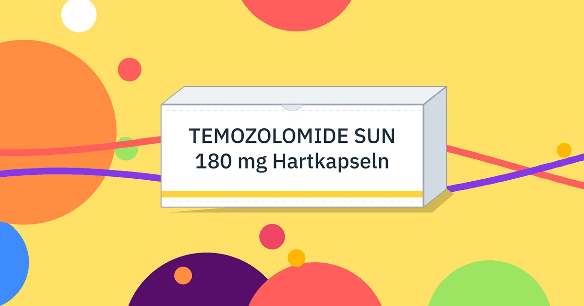 Symbolbild: Packung mit der Aufschrift TEMOZOLOMIDE SUN 180 mg Hartkapseln (PZN 17312755) – Verfügbarkeit und Bezug in Apotheken in Frankfurt am Main