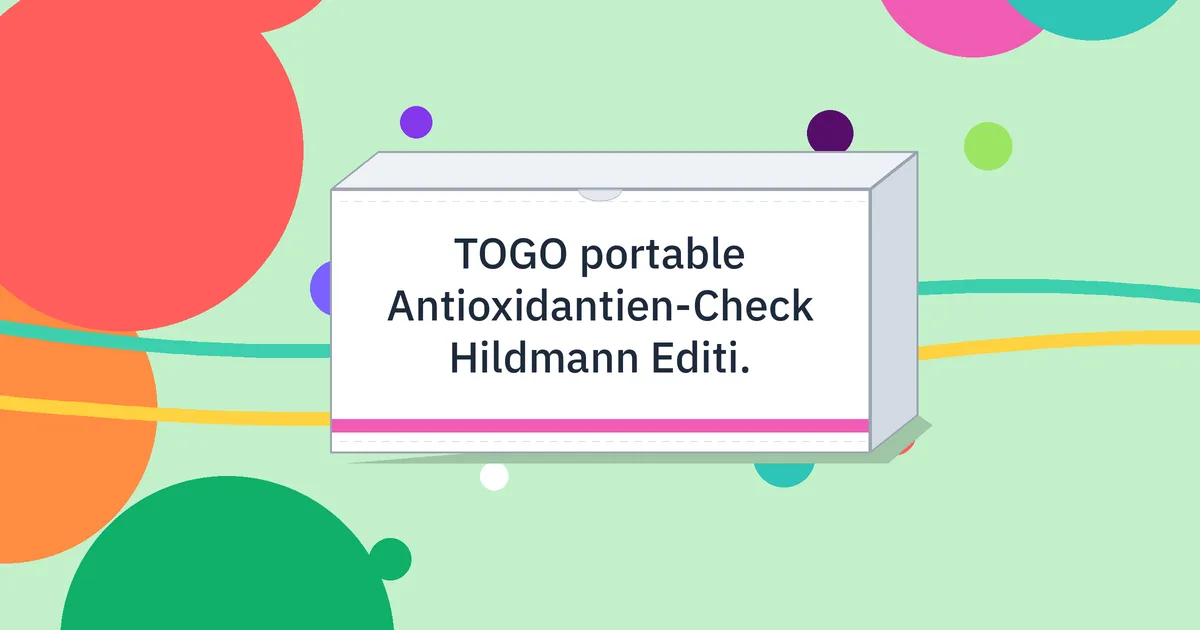 Symbolbild: Packung mit der Aufschrift TOGO portable Antioxidantien-Check Hildmann Editi. (PZN 11352713) – Verfügbarkeit und Bezug in Apotheken in Frankfurt am Main