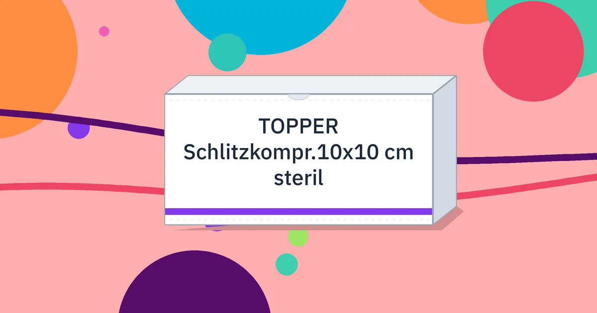 Symbolbild: Packung mit der Aufschrift TOPPER Schlitzkompr.10x10 cm steril (PZN 03307673) – Verfügbarkeit und Bezug in Apotheken in Frankfurt am Main