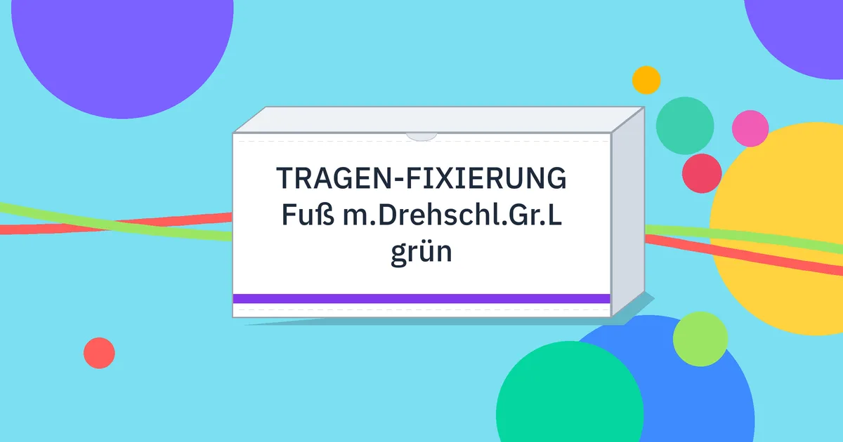 Symbolbild: Packung mit der Aufschrift TRAGEN-FIXIERUNG Fuß m.Drehschl.Gr.L grün (PZN 17279928) – Verfügbarkeit und Bezug in Apotheken in Frankfurt am Main