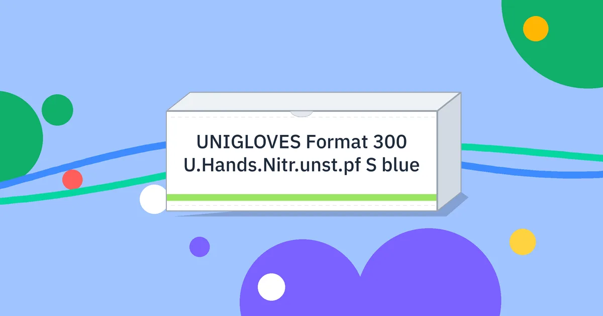 Symbolbild: Packung mit der Aufschrift UNIGLOVES Format 300 U.Hands.Nitr.unst.pf S blue (PZN 18100601) – Verfügbarkeit und Bezug in Apotheken in Frankfurt am Main