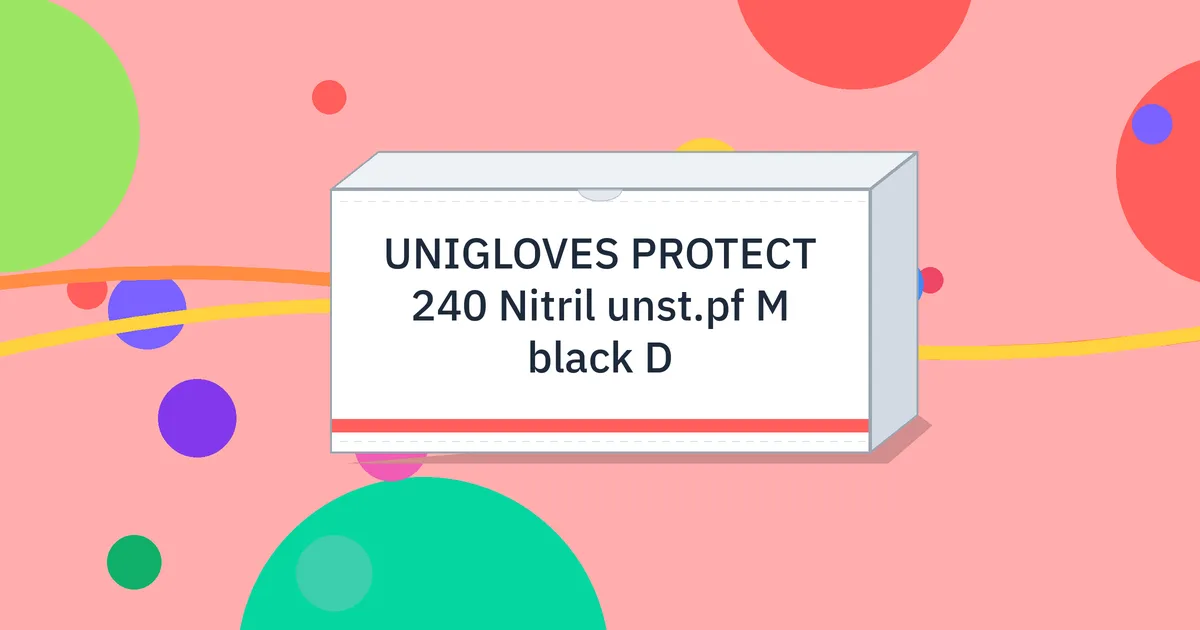Symbolbild: Packung mit der Aufschrift UNIGLOVES PROTECT 240 Nitril unst.pf M black D (PZN 19996143) – Verfügbarkeit und Bezug in Apotheken in Frankfurt am Main