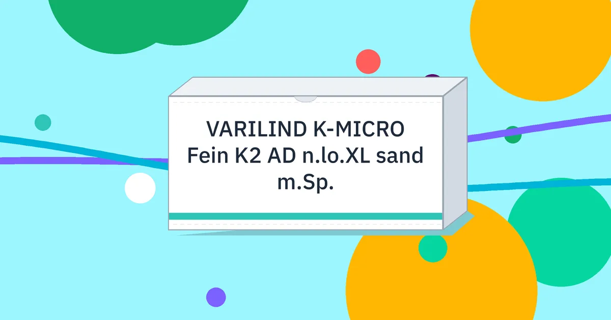 Symbolbild: Packung mit der Aufschrift VARILIND K-MICRO Fein K2 AD n.lo.XL sand m.Sp. (PZN 20558520) – Verfügbarkeit und Bezug in Apotheken in Frankfurt am Main