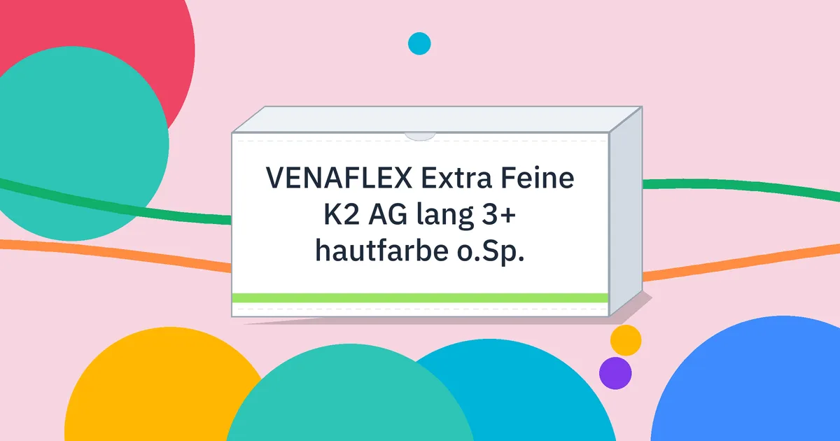 Symbolbild: Packung mit der Aufschrift VENAFLEX Extra Feine K2 AG lang 3+ hautfarbe o.Sp. (PZN 18308483) – Verfügbarkeit und Bezug in Apotheken in Frankfurt am Main