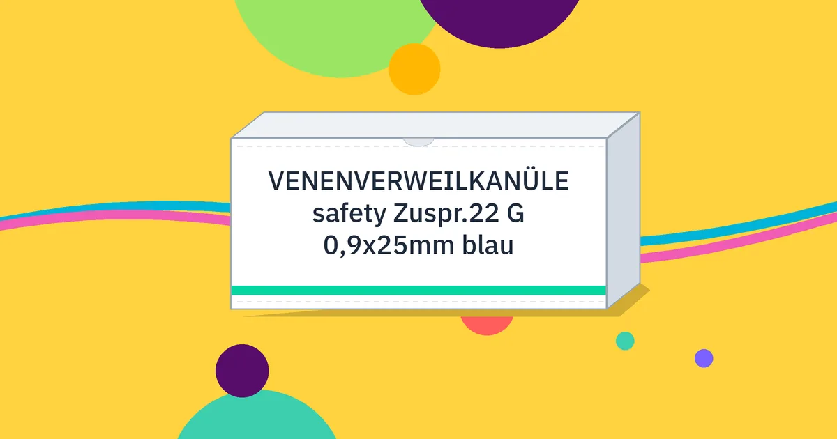 Symbolbild: Packung mit der Aufschrift VENENVERWEILKANÜLE safety Zuspr.22 G 0,9x25mm blau (PZN 18717661) – Verfügbarkeit und Bezug in Apotheken in Frankfurt am Main
