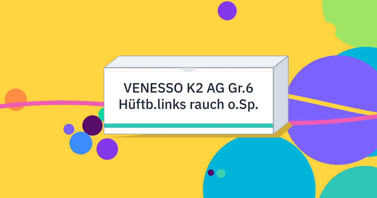 Symbolbild: Packung mit der Aufschrift VENESSO K2 AG Gr.6 Hüftb.links rauch o.Sp. (PZN 03270094) – Verfügbarkeit und Bezug in Apotheken in Frankfurt am Main