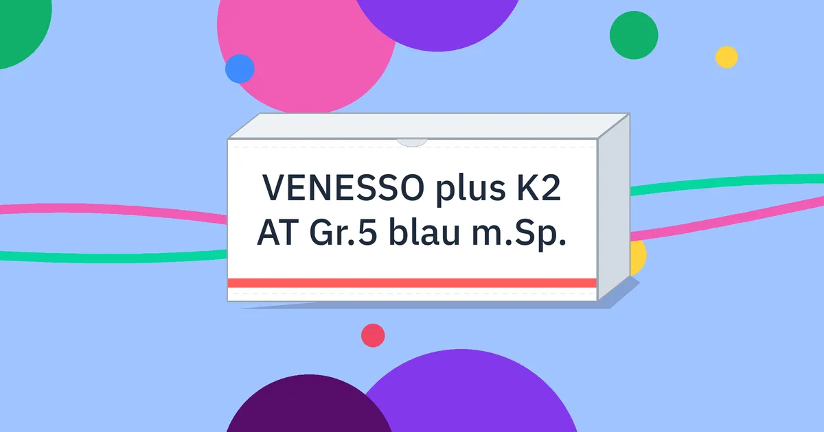 Symbolbild: Packung mit der Aufschrift VENESSO plus K2 AT Gr.5 blau m.Sp. (PZN 03287657) – Verfügbarkeit und Bezug in Apotheken in Frankfurt am Main