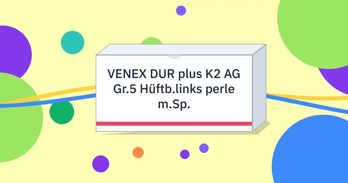 Symbolbild: Packung mit der Aufschrift VENEX DUR plus K2 AG Gr.5 Hüftb.links perle m.Sp. (PZN 03237978) – Verfügbarkeit und Bezug in Apotheken in Frankfurt am Main