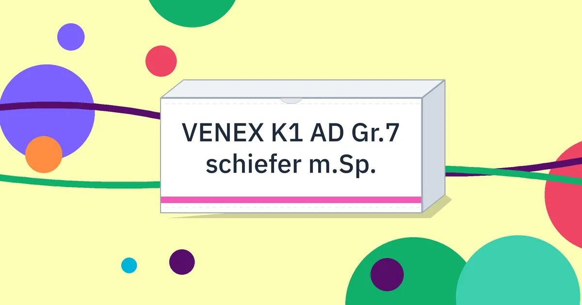 Symbolbild: Packung mit der Aufschrift VENEX K1 AD Gr.7 schiefer m.Sp. (PZN 03184265) – Verfügbarkeit und Bezug in Apotheken in Frankfurt am Main