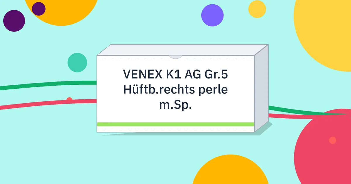 Symbolbild: Packung mit der Aufschrift VENEX K1 AG Gr.5 Hüftb.rechts perle m.Sp. (PZN 03202431) – Verfügbarkeit und Bezug in Apotheken in Frankfurt am Main