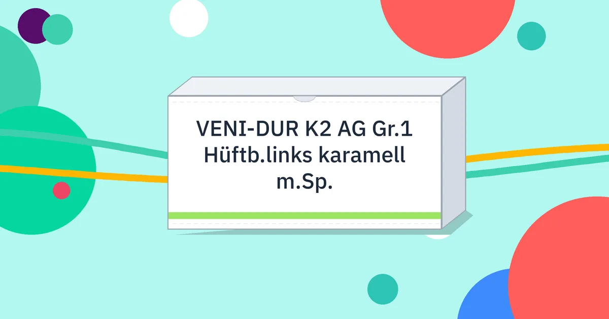 Symbolbild: Packung mit der Aufschrift VENI-DUR K2 AG Gr.1 Hüftb.links karamell m.Sp. (PZN 13760497) – Verfügbarkeit und Bezug in Apotheken in Frankfurt am Main