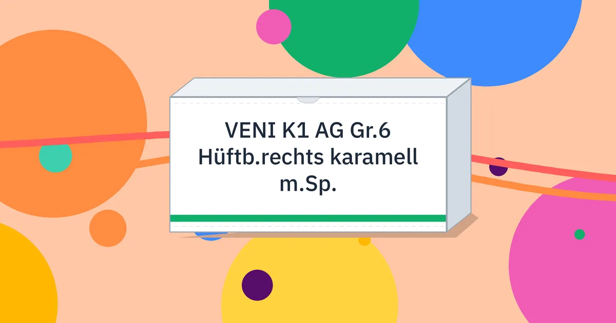Symbolbild: Packung mit der Aufschrift VENI K1 AG Gr.6 Hüftb.rechts karamell m.Sp. (PZN 13760043) – Verfügbarkeit und Bezug in Apotheken in Frankfurt am Main