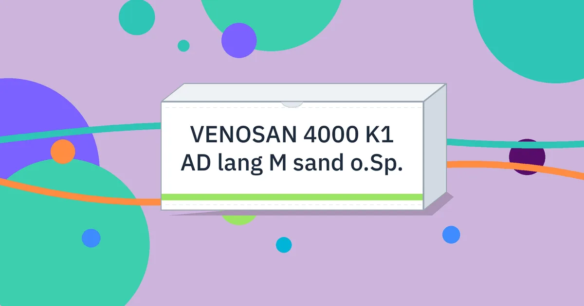 Symbolbild: Packung mit der Aufschrift VENOSAN 4000 K1 AD lang M sand o.Sp. (PZN 14421745) – Verfügbarkeit und Bezug in Apotheken in Frankfurt am Main