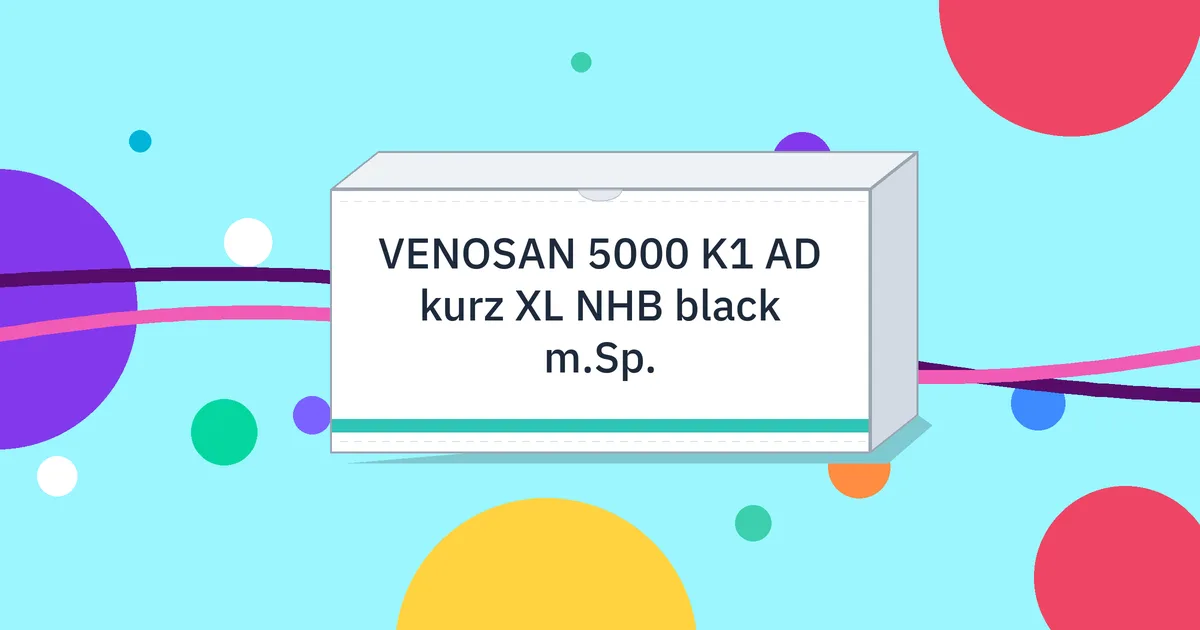 Symbolbild: Packung mit der Aufschrift VENOSAN 5000 K1 AD kurz XL NHB black m.Sp. (PZN 14432766) – Verfügbarkeit und Bezug in Apotheken in Frankfurt am Main