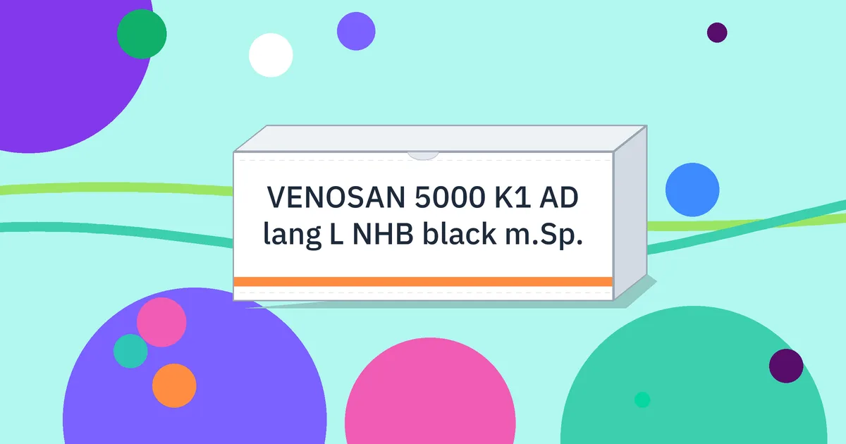 Symbolbild: Packung mit der Aufschrift VENOSAN 5000 K1 AD lang L NHB black m.Sp. (PZN 14432648) – Verfügbarkeit und Bezug in Apotheken in Frankfurt am Main
