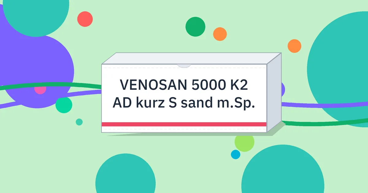 Symbolbild: Packung mit der Aufschrift VENOSAN 5000 K2 AD kurz S sand m.Sp. (PZN 14428635) – Verfügbarkeit und Bezug in Apotheken in Frankfurt am Main