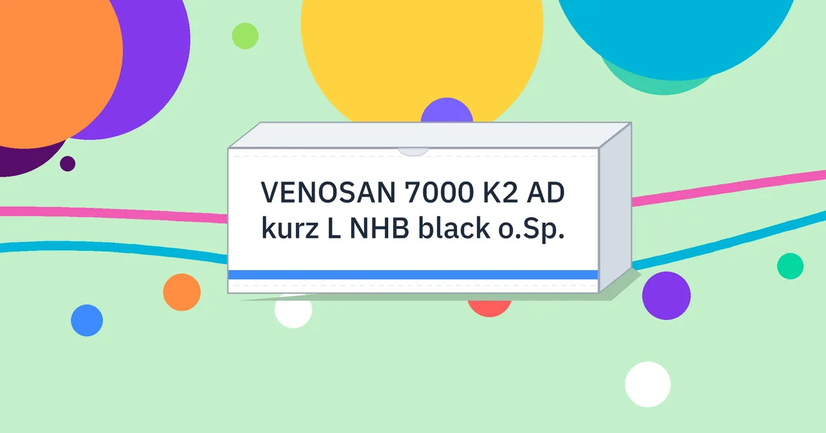 Symbolbild: Packung mit der Aufschrift VENOSAN 7000 K2 AD kurz L NHB black o.Sp. (PZN 14435813) – Verfügbarkeit und Bezug in Apotheken in Frankfurt am Main