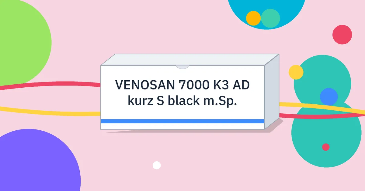 Symbolbild: Packung mit der Aufschrift VENOSAN 7000 K3 AD kurz S black m.Sp. (PZN 14436238) – Verfügbarkeit und Bezug in Apotheken in Frankfurt am Main