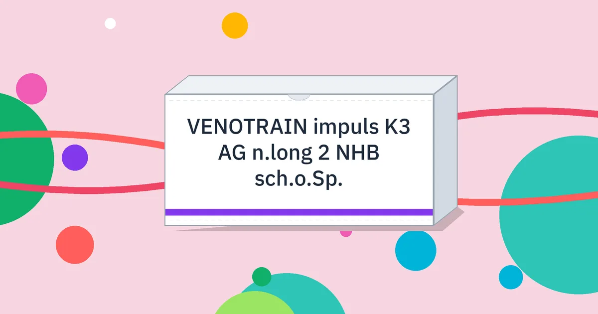 Symbolbild: Packung mit der Aufschrift VENOTRAIN impuls K3 AG n.long 2 NHB sch.o.Sp. (PZN 00538811) – Verfügbarkeit und Bezug in Apotheken in Frankfurt am Main