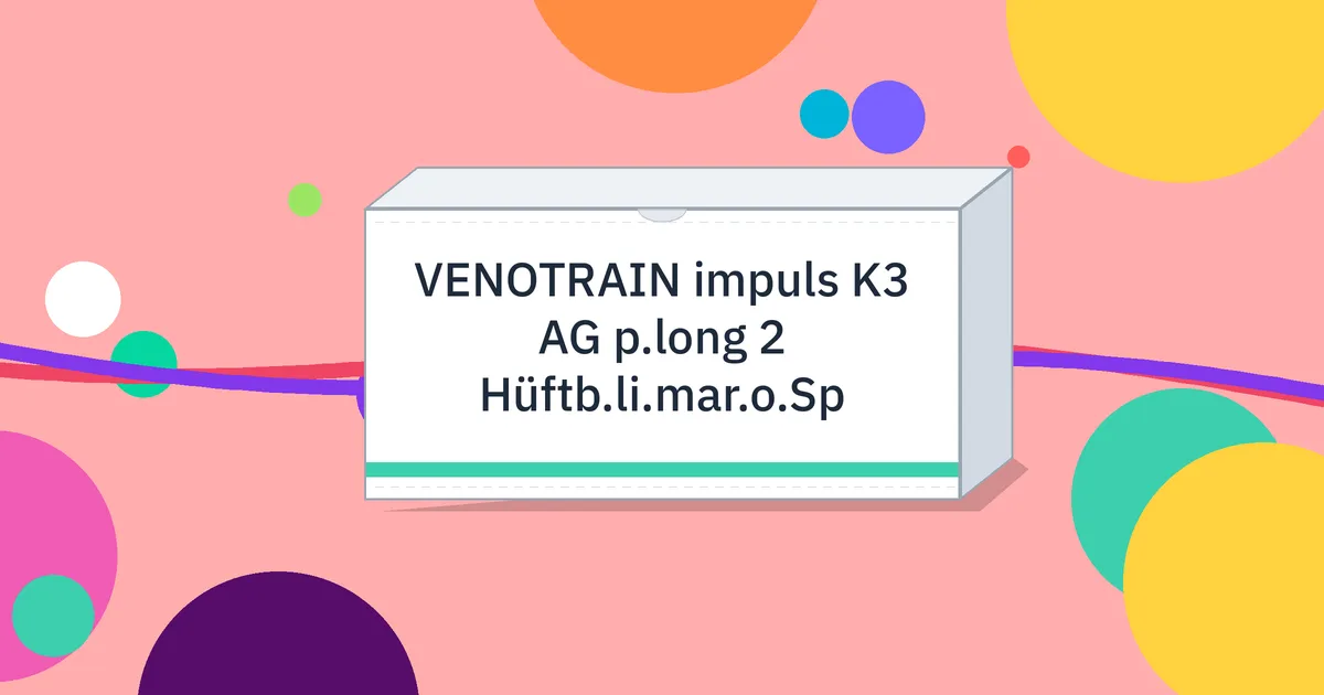 Symbolbild: Packung mit der Aufschrift VENOTRAIN impuls K3 AG p.long 2 Hüftb.li.mar.o.Sp (PZN 15220411) – Verfügbarkeit und Bezug in Apotheken in Frankfurt am Main