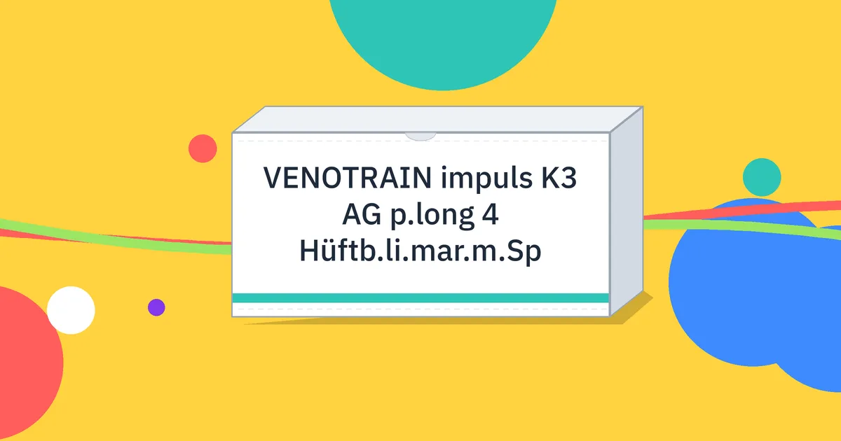 Symbolbild: Packung mit der Aufschrift VENOTRAIN impuls K3 AG p.long 4 Hüftb.li.mar.m.Sp (PZN 15220144) – Verfügbarkeit und Bezug in Apotheken in Frankfurt am Main
