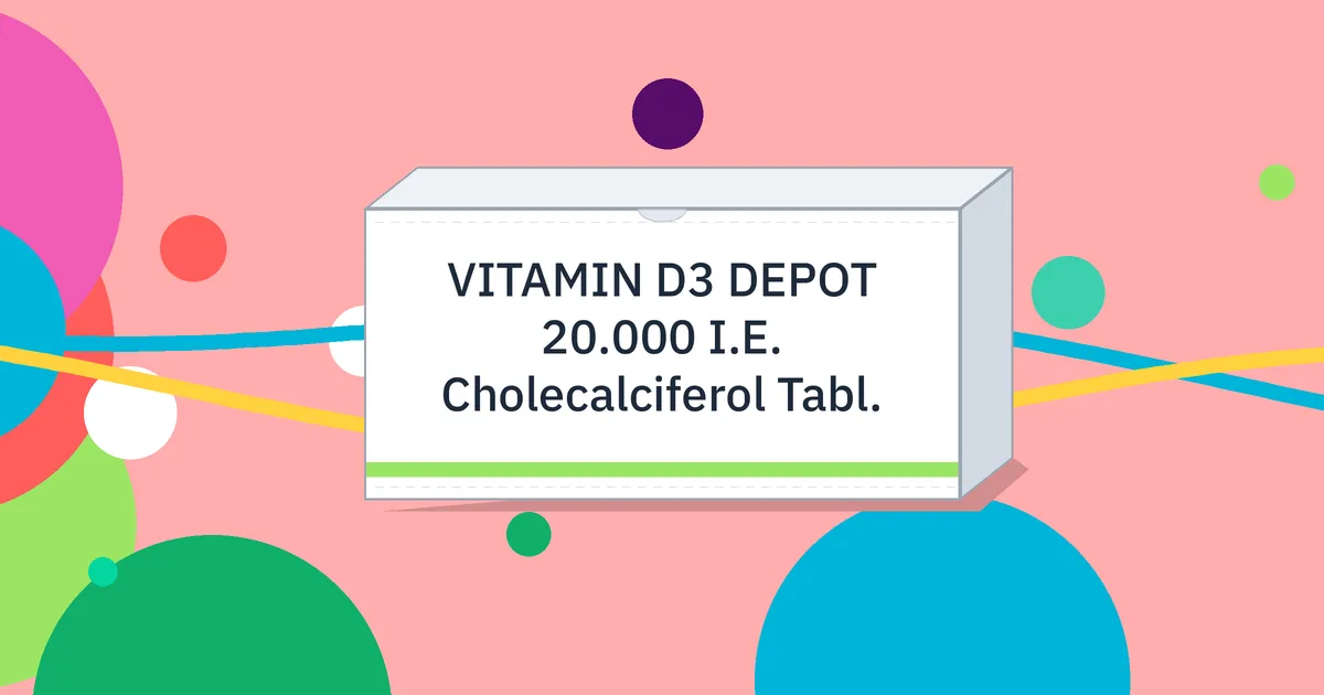Symbolbild: Packung mit der Aufschrift VITAMIN D3 DEPOT 20.000 I.E. Cholecalciferol Tabl. (PZN 18238498) – Verfügbarkeit und Bezug in Apotheken in Frankfurt am Main