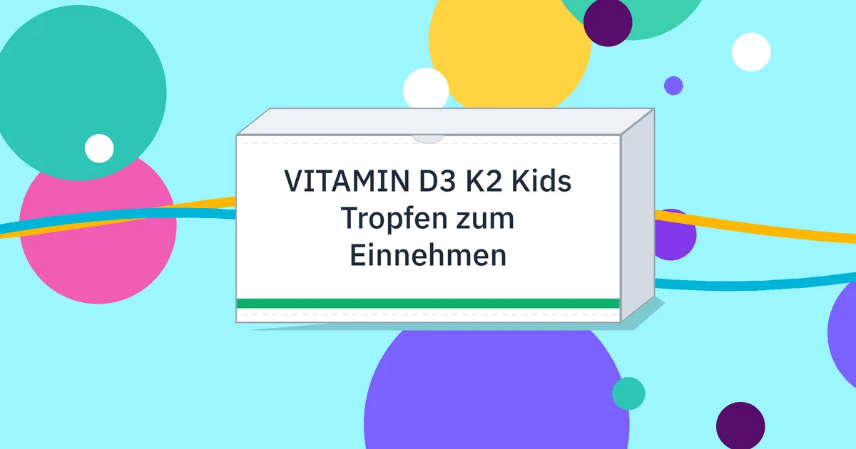 Symbolbild: Packung mit der Aufschrift VITAMIN D3 K2 Kids Tropfen zum Einnehmen (PZN 19551263) – Verfügbarkeit und Bezug in Apotheken in Frankfurt am Main