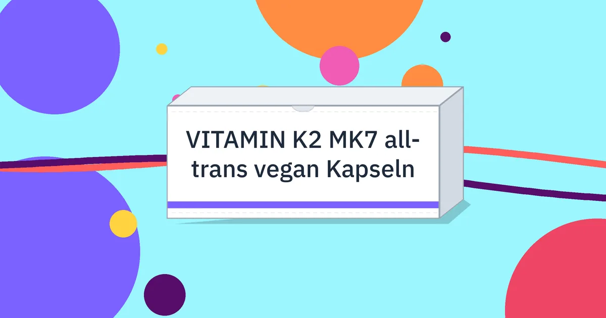 Symbolbild: Packung mit der Aufschrift VITAMIN K2 MK7 all-trans vegan Kapseln (PZN 14439981) – Verfügbarkeit und Bezug in Apotheken in Frankfurt am Main