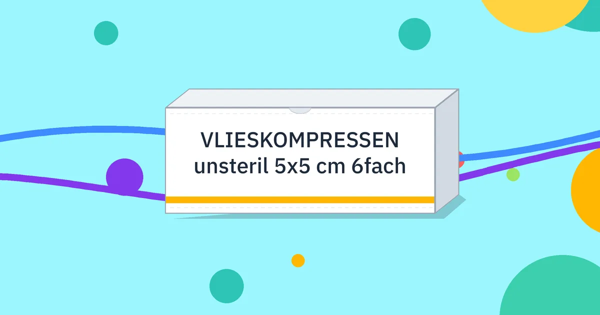 Symbolbild: Packung mit der Aufschrift VLIESKOMPRESSEN unsteril 5x5 cm 6fach (PZN 01280088) – Verfügbarkeit und Bezug in Apotheken in Frankfurt am Main