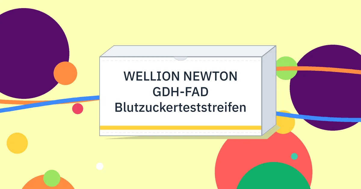 Symbolbild: Packung mit der Aufschrift WELLION NEWTON GDH-FAD Blutzuckerteststreifen (PZN 16749680) – Verfügbarkeit und Bezug in Apotheken in Frankfurt am Main