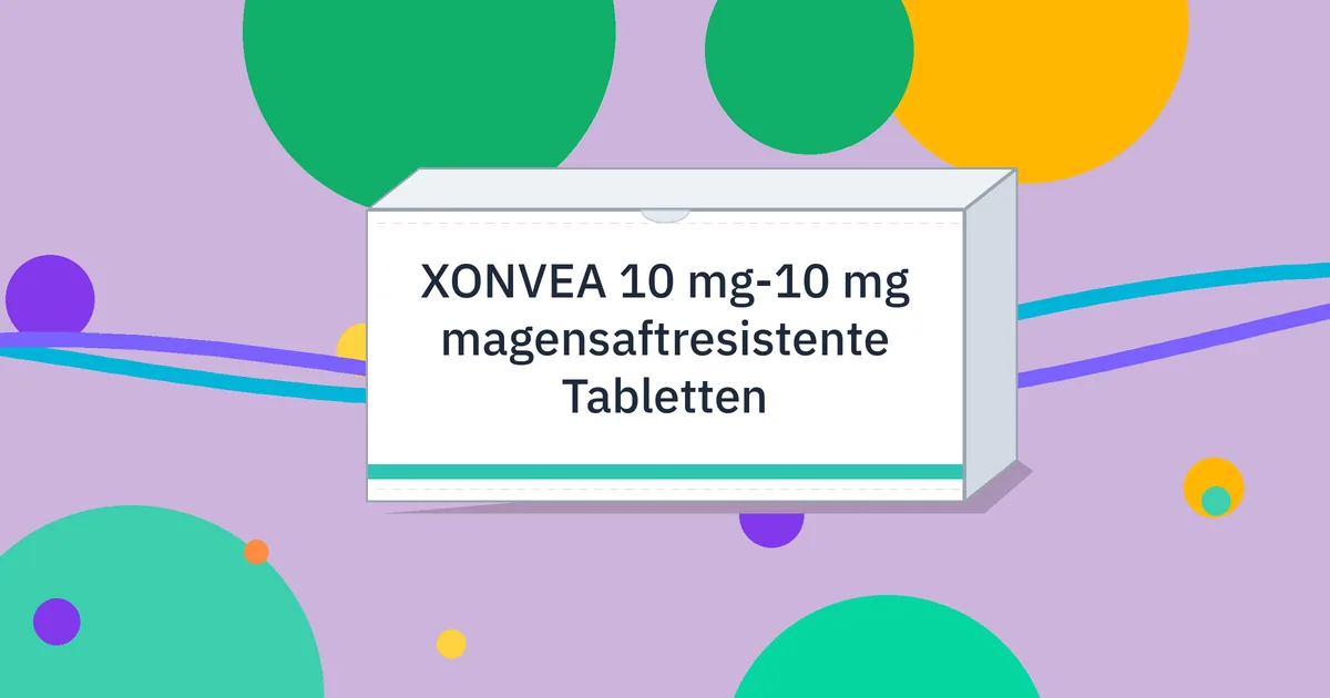 Symbolbild: Packung mit der Aufschrift XONVEA 10 mg-10 mg magensaftresistente Tabletten (PZN 18806376) – Verfügbarkeit und Bezug in Apotheken in Frankfurt am Main
