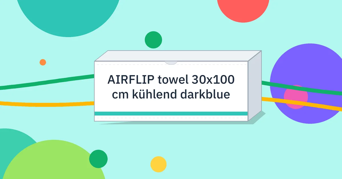 Symbolbild: Packung mit der Aufschrift AIRFLIP towel 30x100 cm kühlend darkblue (PZN 19797544) – Verfügbarkeit und Bezug in Apotheken in Frankfurt am Main