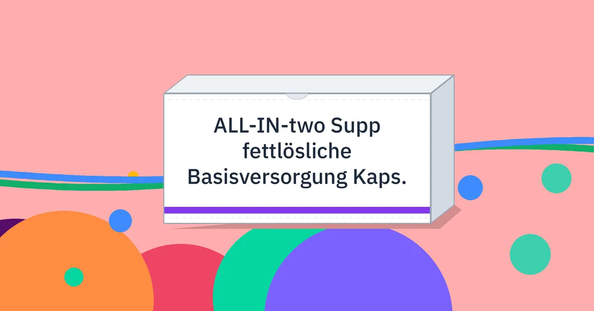 Symbolbild: Packung mit der Aufschrift ALL-IN-two Supp fettlösliche Basisversorgung Kaps. (PZN 20650987) – Verfügbarkeit und Bezug in Apotheken in Frankfurt am Main