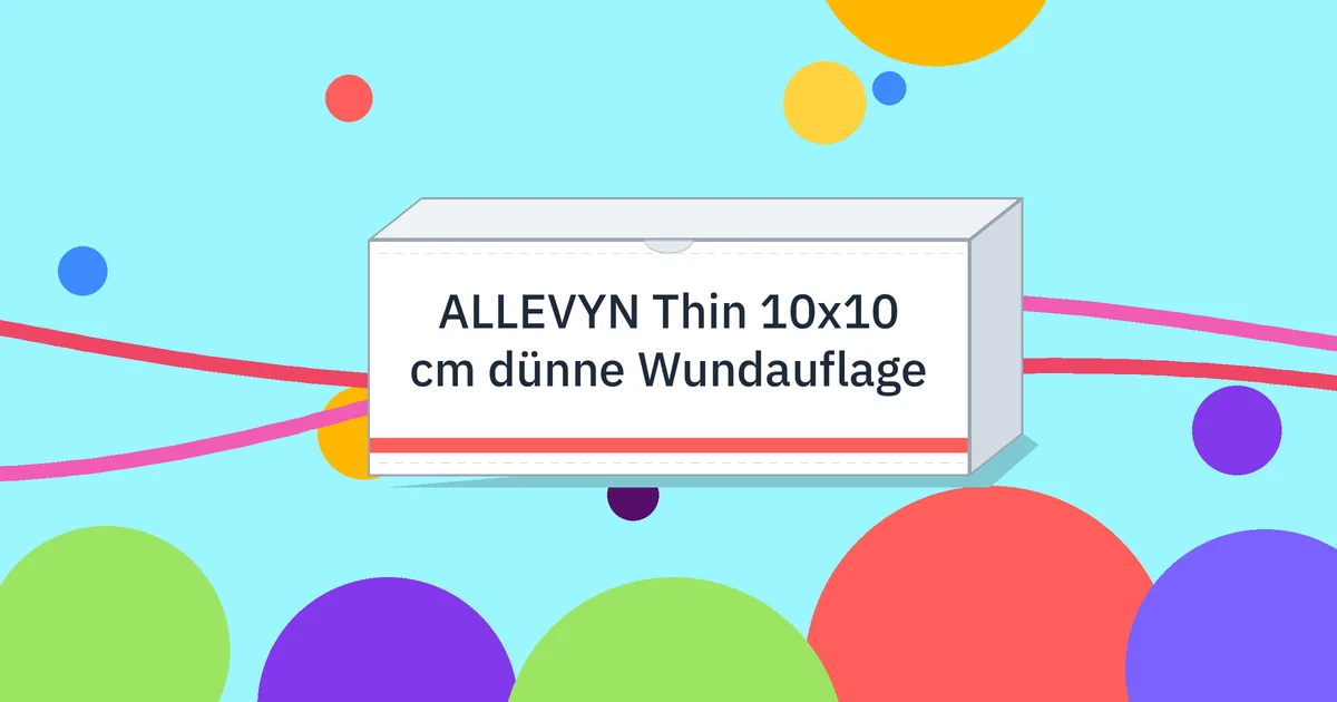 Symbolbild: Packung mit der Aufschrift ALLEVYN Thin 10x10 cm dünne Wundauflage (PZN 11137742) – Verfügbarkeit und Bezug in Apotheken in Frankfurt am Main
