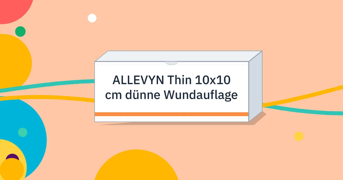 Symbolbild: Packung mit der Aufschrift ALLEVYN Thin 10x10 cm dünne Wundauflage (PZN 13820650) – Verfügbarkeit und Bezug in Apotheken in Frankfurt am Main