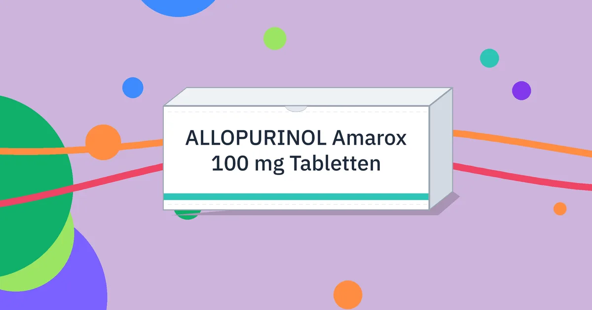 Symbolbild: Packung mit der Aufschrift ALLOPURINOL Amarox 100 mg Tabletten (PZN 18273276) – Verfügbarkeit und Bezug in Apotheken in Frankfurt am Main