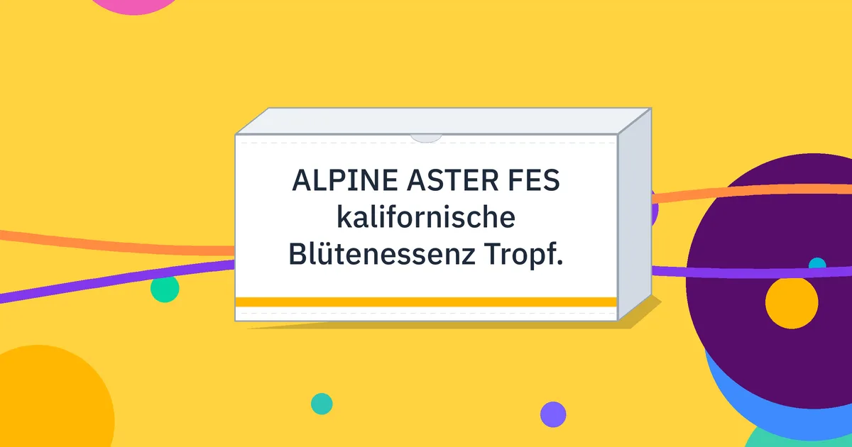Symbolbild: Packung mit der Aufschrift ALPINE ASTER FES kalifornische Blütenessenz Tropf. (PZN 18809618) – Verfügbarkeit und Bezug in Apotheken in Frankfurt am Main