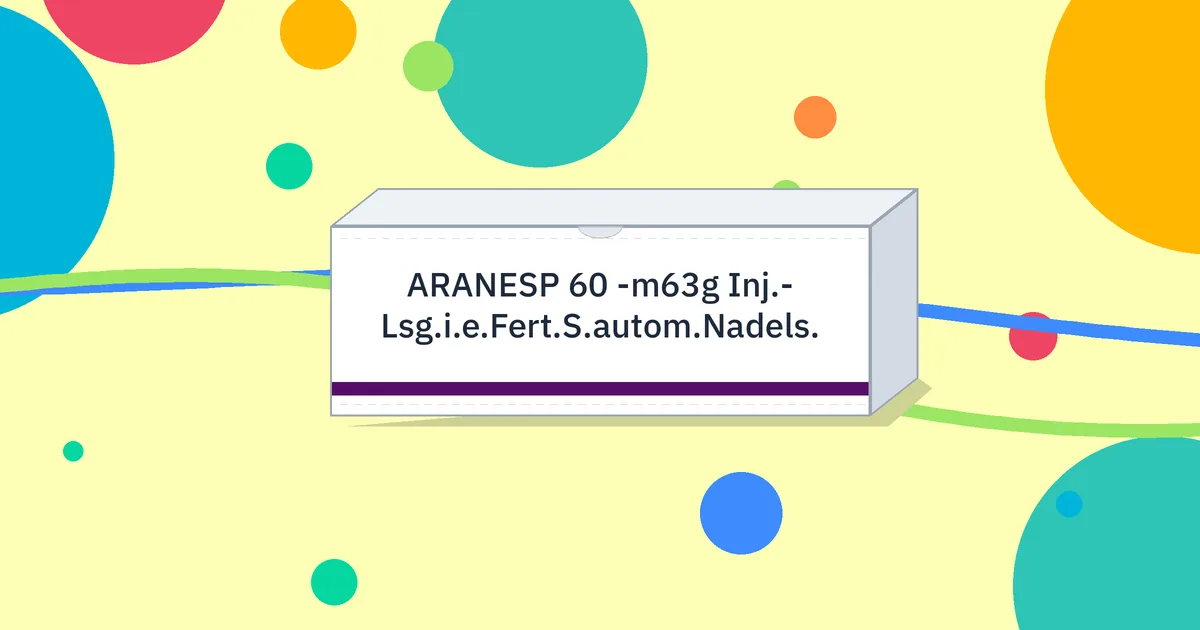 Symbolbild: Packung mit der Aufschrift ARANESP 60 -m63g Inj.-Lsg.i.e.Fert.S.autom.Nadels. (PZN 06434610) – Verfügbarkeit und Bezug in Apotheken in Frankfurt am Main