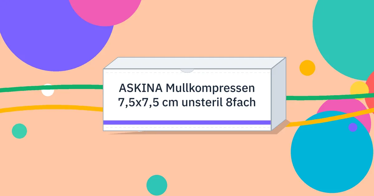 Symbolbild: Packung mit der Aufschrift ASKINA Mullkompressen 7,5x7,5 cm unsteril 8fach (PZN 12735741) – Verfügbarkeit und Bezug in Apotheken in Frankfurt am Main