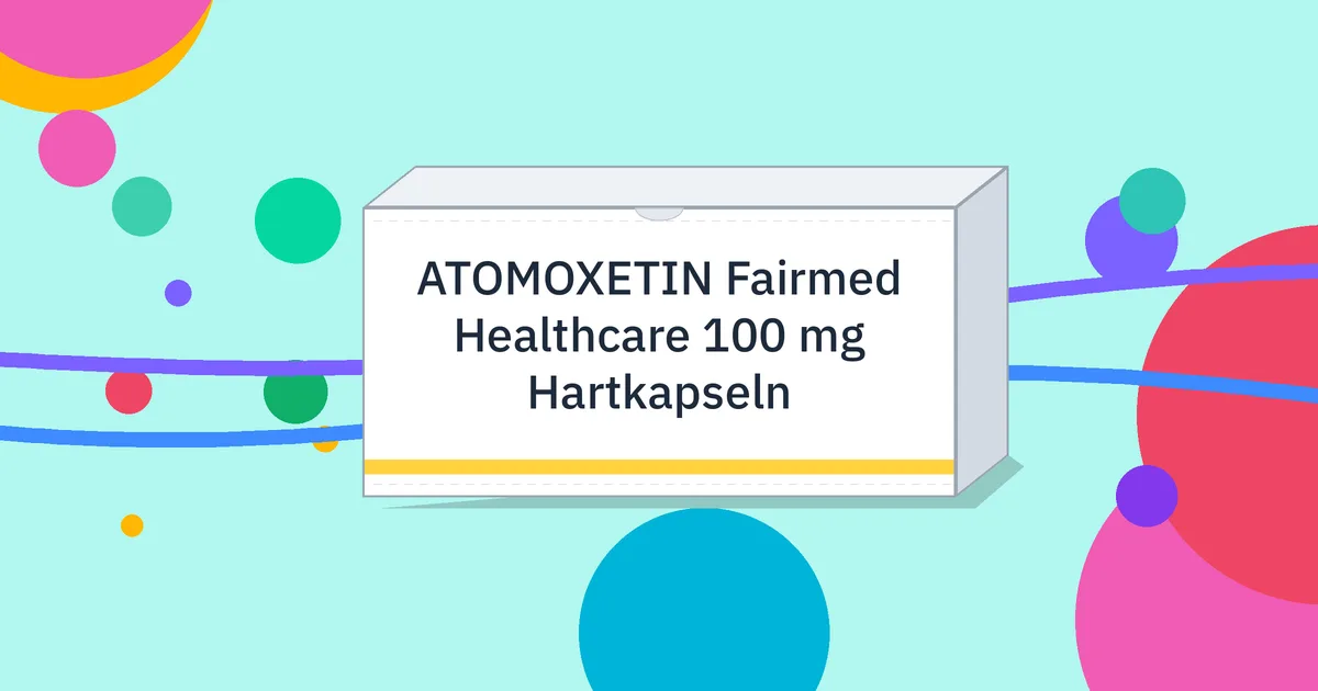 Symbolbild: Packung mit der Aufschrift ATOMOXETIN Fairmed Healthcare 100 mg Hartkapseln (PZN 16581602) – Verfügbarkeit und Bezug in Apotheken in Frankfurt am Main