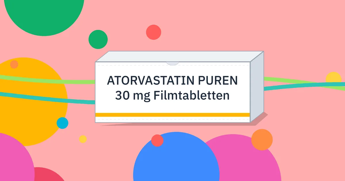 Symbolbild: Packung mit der Aufschrift ATORVASTATIN PUREN 30 mg Filmtabletten (PZN 13878201) – Verfügbarkeit und Bezug in Apotheken in Frankfurt am Main