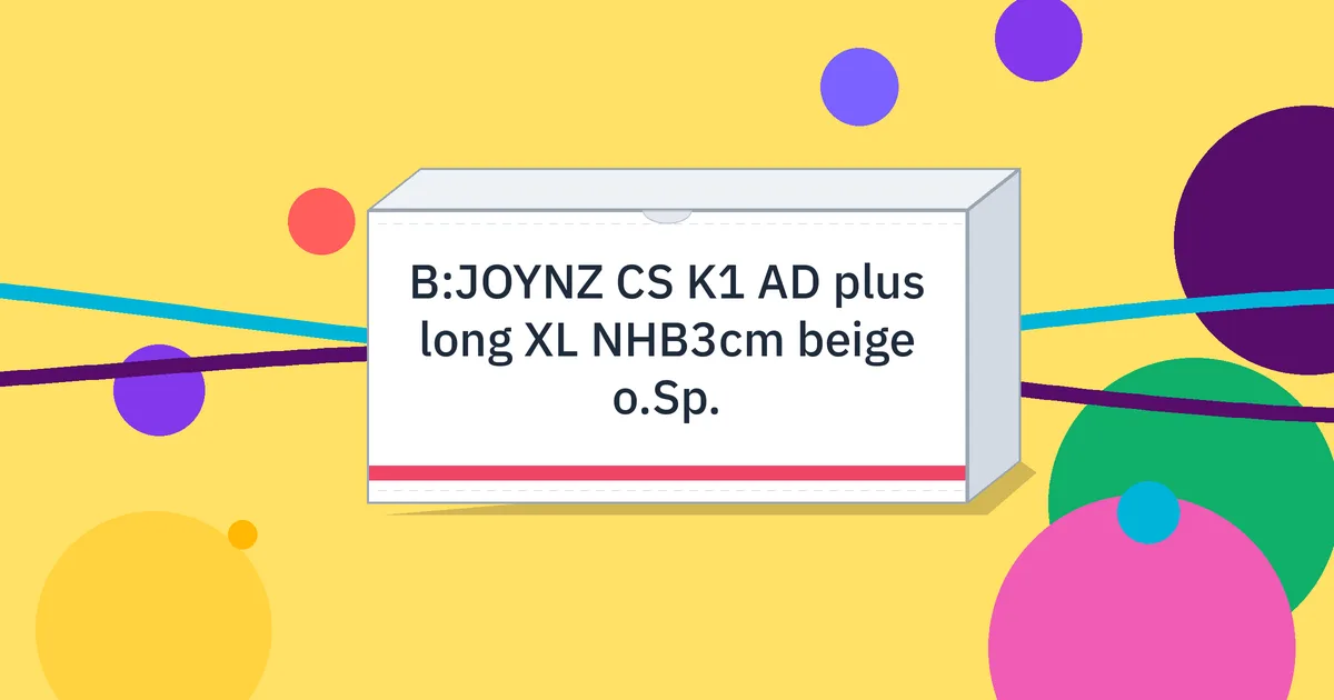 Symbolbild: Packung mit der Aufschrift B:JOYNZ CS K1 AD plus long XL NHB3cm beige o.Sp. (PZN 20526709) – Verfügbarkeit und Bezug in Apotheken in Frankfurt am Main