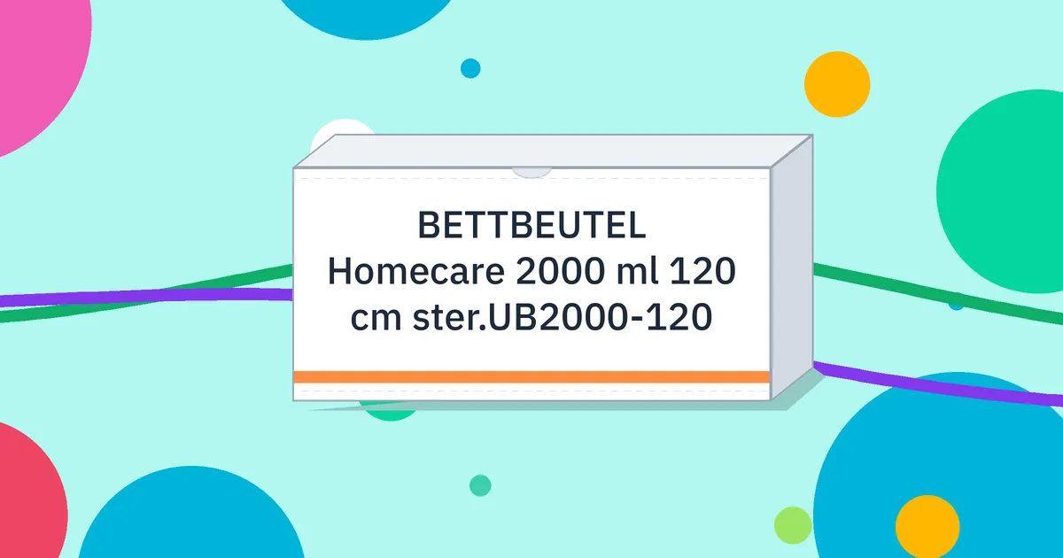 Symbolbild: Packung mit der Aufschrift BETTBEUTEL Homecare 2000 ml 120 cm ster.UB2000-120 (PZN 18201578) – Verfügbarkeit und Bezug in Apotheken in Frankfurt am Main
