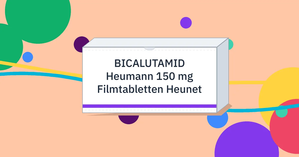 Symbolbild: Packung mit der Aufschrift BICALUTAMID Heumann 150 mg Filmtabletten Heunet (PZN 15023403) – Verfügbarkeit und Bezug in Apotheken in Frankfurt am Main