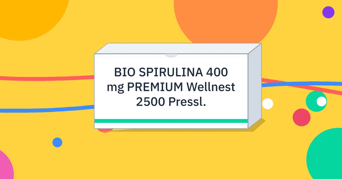 Symbolbild: Packung mit der Aufschrift BIO SPIRULINA 400 mg PREMIUM Wellnest 2500 Pressl. (PZN 08458804) – Verfügbarkeit und Bezug in Apotheken in Frankfurt am Main